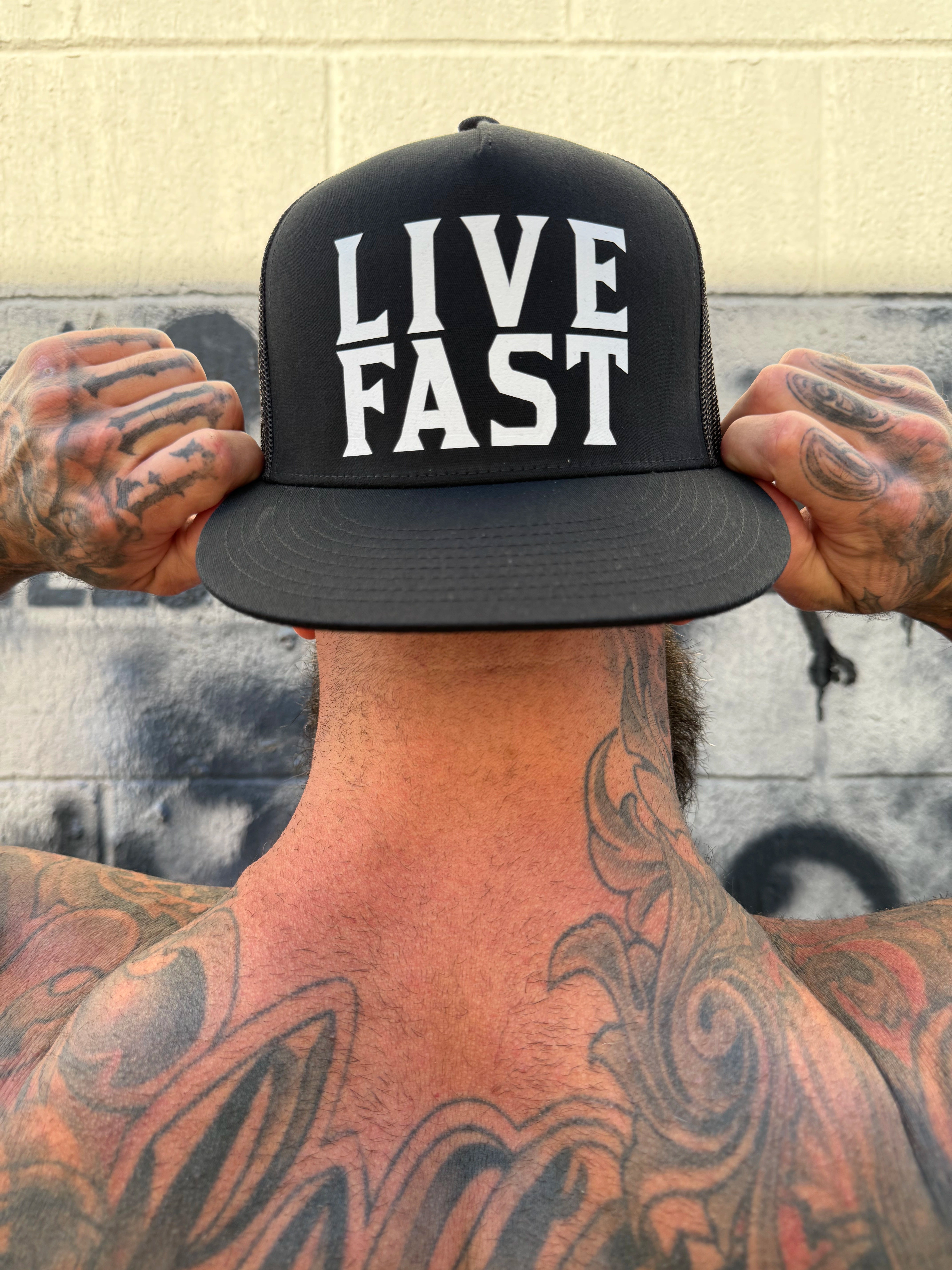 LIVE FAST BLACK FLAT BILL HAT – The Drive Clothing